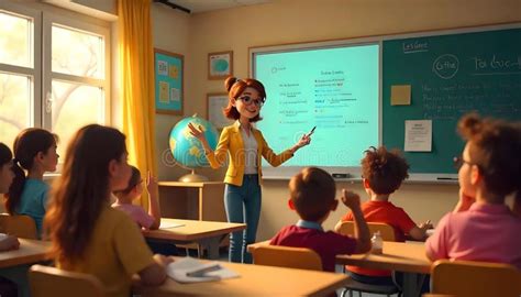Cartoon Teacher Explaining Lesson On Smartboard In A Modern Classroom