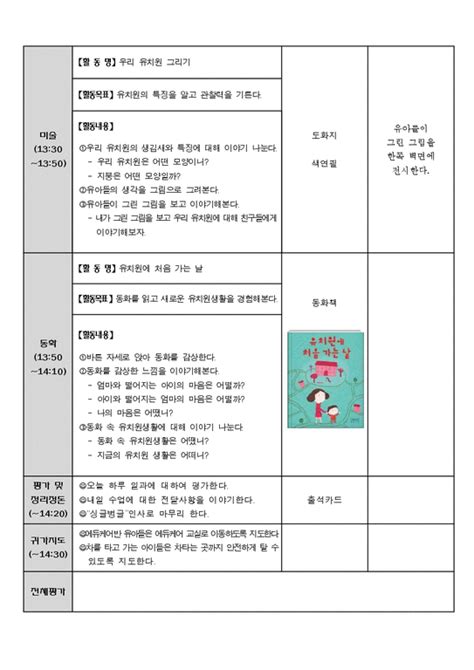 유치원프로젝트 1주차 일일교육계획안 인문교육