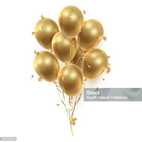 꽃다발 사실적인 황금 풍선과 리본 뱀 모양 황금 색종이 조각 카드 파티 디자인 전단지 포스터 장식 배너 웹 광고에 대 한 벡터 일러스트 레이 션 3차원 형태에 대한 스톡