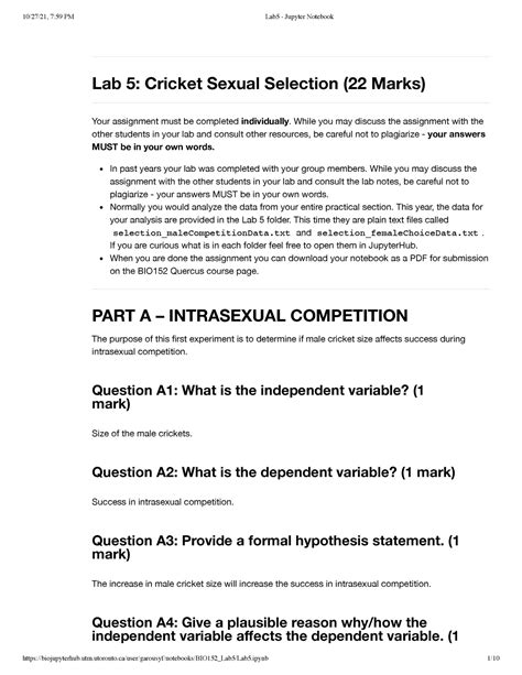 BIO152 Jupyterhub Lab 5 Sexual Selection Lab 5 Cricket Sexual Selection 22 Marks Your