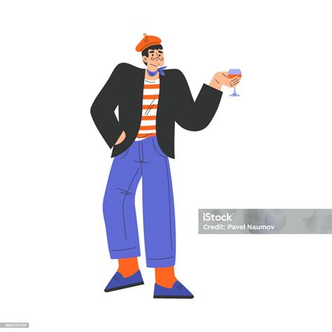 베레모를 쓴 전형적인 프랑스 남자 캐릭터가 레드 와인 벡터 삽화와 함께 서 있다 개성 개념에 대한 스톡 벡터 아트 및 기타