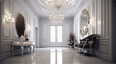 우아한 홀의 아름다운 대리석 바닥과 흰 벽 클래식 컨셉의 3d 로비 디자인 흰색 배경과 크리스탈 램프 고화질 사진 사진