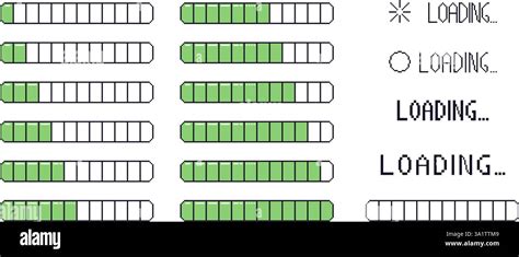 Pixel Art Loading Bar Interface 8 Bit Game Progress Button Elements Set And Text Waiting Signs