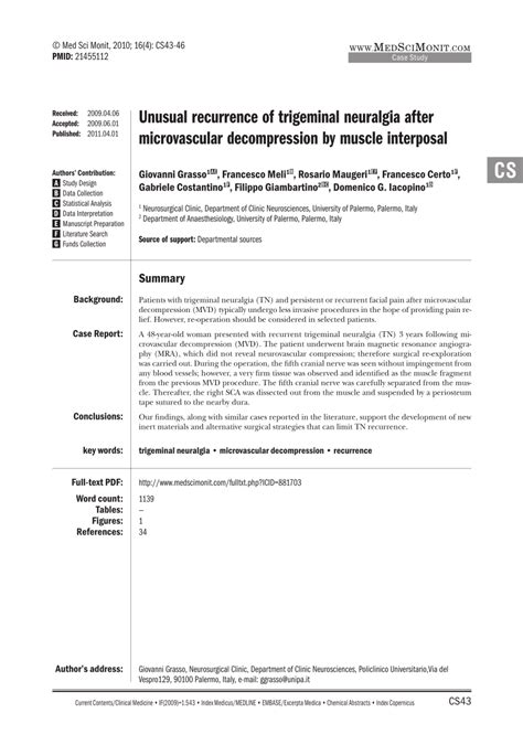 Pdf Unusual Recurrence Of Trigeminal Neuralgia After Microvascular Decompression By Muscle