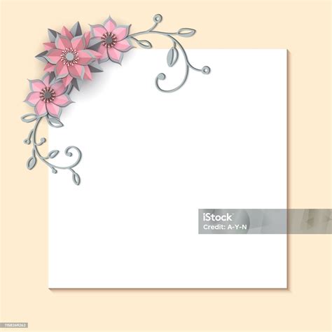 흰색 시트에 꽃 구성 종이 컷 디자인 회색과 분홍색 색상의 종이 잎이있는 아름다운 각도 배경 꽃 인사말 카드 프레임의 요소입니다 벡터 그림입니다 3차원 형태에 대한 스톡