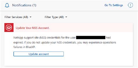 update your nss account is displayed on bluexp notifications netapp