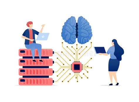 Illustration Of People Accessing A Database Linked To An Ai Brain Via A Chip Advancing