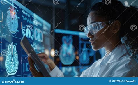 Female Scientist Analyzing Data On Computer Screen Stock Illustration