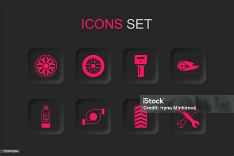 자동차 터보차저 자동차용 알로이 휠 자동차 타이어 화염 휠 렌치 스패너 리모컨이 있는 키 및 아산화질소 아이콘을 설정합니다 벡터 고무에 대한 스톡 벡터 아트 및 기타 이미지