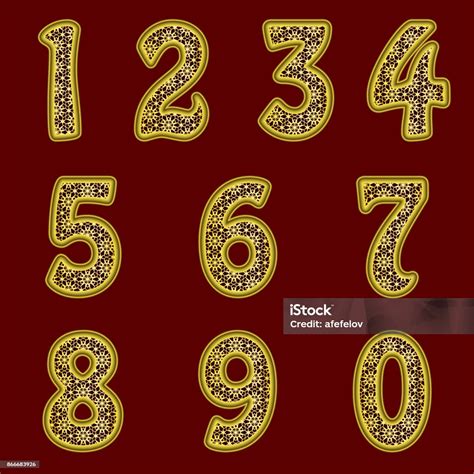레이스 메쉬 골드 번호의 완전 한 세트 숫자의 가장자리는 얇은 철사로 만들어진다 글꼴은 어두운 빨간색 배경에 의해 격리 됩니다 숫자는 3 차원 모양에서 한다 벡터