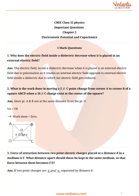 Important Questions For CBSE Class Physics Chapter Electrostatic Potential And Capacitance