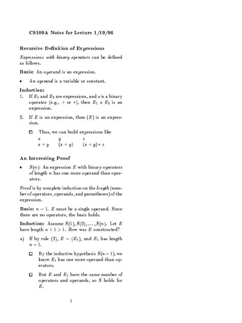 Cs109a Notes For Lecture 11996 Recursive Denition Of Expressions Basis Induction Pdf