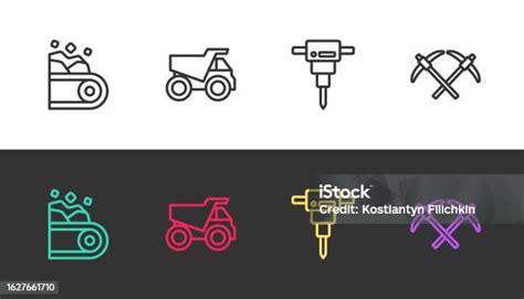석탄을 운반하는 컨베이어 벨트 광산 덤프 트럭 건설 착암기 및 곡괭이를 흑백으로 설정합니다 벡터 건설 산업에 대한 스톡 벡터 아트 및 기타 이미지 Istock
