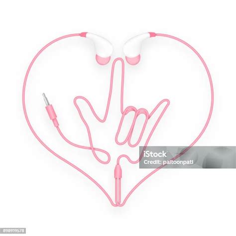 이어폰 귀에 유형 핑크 색깔과 내가 사랑 손 화 심장 모양 프레임 복사 공간 흰색 배경에 고립 된 케이블에서 만든 귀 부분에 대한 스톡 벡터 아트 및 기타 이미지 Istock