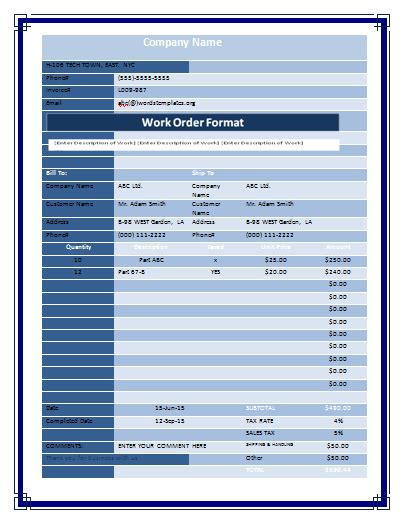 Printable Work Order Template Free Word Templates