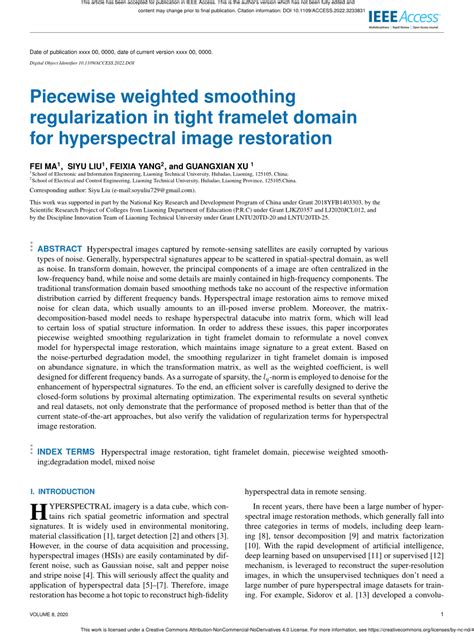 PDF Piecewise Weighted Smoothing Regularization In Tight Framelet Domain For Hyperspectral