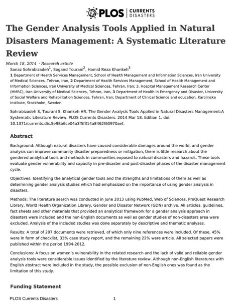 PDF The Gender Analysis Tools Applied In Natural Disasters Management A Systematic Literature