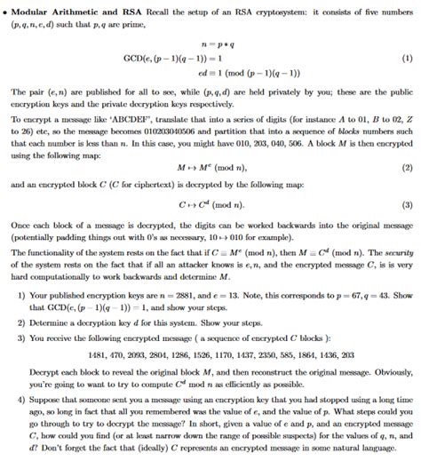 Modular Arithmetic And Rsa Recall The Setup Of An Rsa