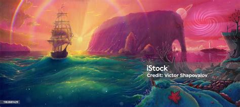 판타지 유화 일몰 바다 풍경 선박 태양 빛 빔과 행성 캔버스에 기름에 의해 바다 풍경 수채화 색상손으로 그린 그림 0명에 대한 스톡 벡터 아트 및 기타 이미지 Istock