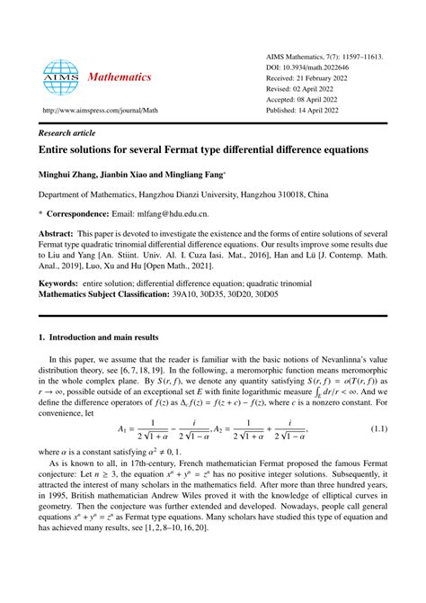 Pdf Entire Solutions For Several Fermat Type Differential Difference