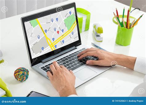 Person Using GPS Map On Laptop Stock Image Image Of Work Ball