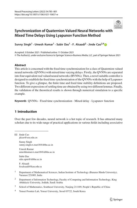 Pdf Synchronization Of Quaternion Valued Neural Networks With Mixed