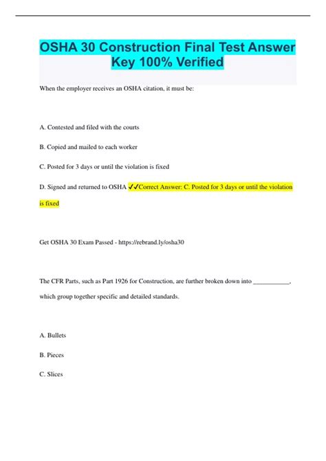 OSHA 30 Construction Final Test Answer Key 100 Verified OSHA 30 Stuvia US