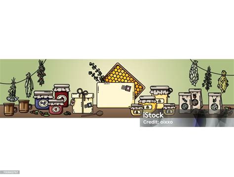 에코 푸드 배너입니다 건강 한 허브 꿀 잼 천연 차 평면 스타일 벡터 일러스트 0명에 대한 스톡 벡터 아트 및 기타 이미지