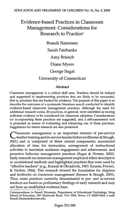 Pdf Evidence Based Practices In Classroom Management Considerations For Research To Practice