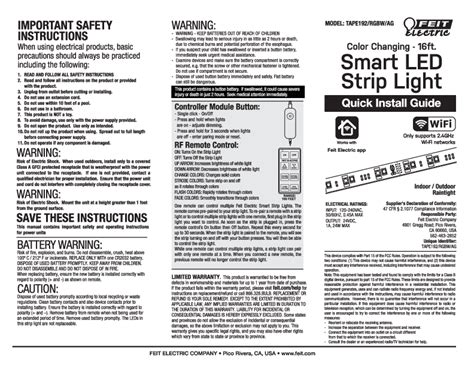 Feit Electric Quick Install Guide For TAPE RGBW AG Strip Light