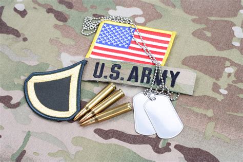 미국 육군 개인 일등 계급 패치 556 M M와 개 태그 플래그 패치 라운드 위장 복에 개에 대한 스톡 사진 및 기타 이미지 개 개성 개념 공란 Istock