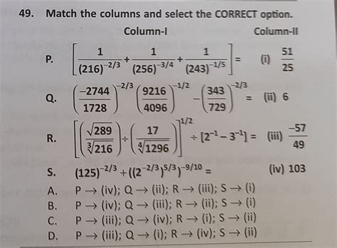 Match The Columns And Select The Correct Option Column I Column Ii P