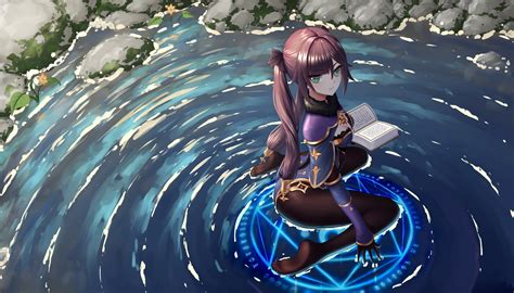 Book Genshin Impact Gloves Green Eyes Long Hair Magic Mona Megistus