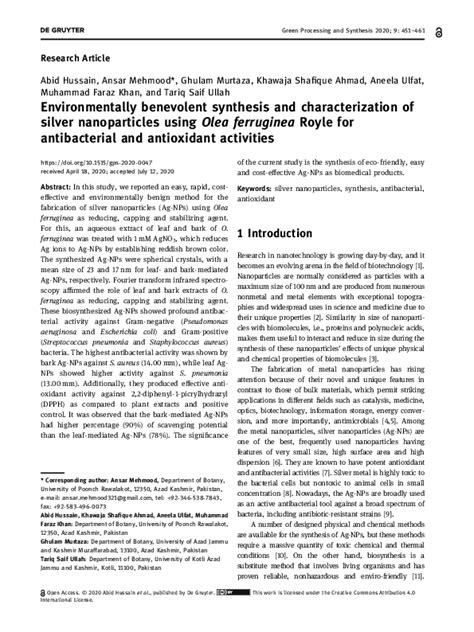 Pdf Environmentally Benevolent Synthesis And Characterization Of