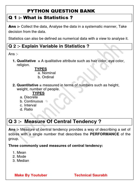 Python Question Bank Pdf Random Variable Level Of Measurement