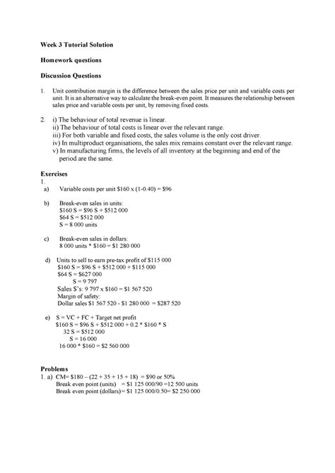 Week Tutorial Solution Week Tutorial Solution Homework Questions Discussion Questions Unit