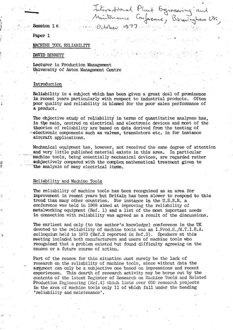 Pdf Machine Tool Reliability