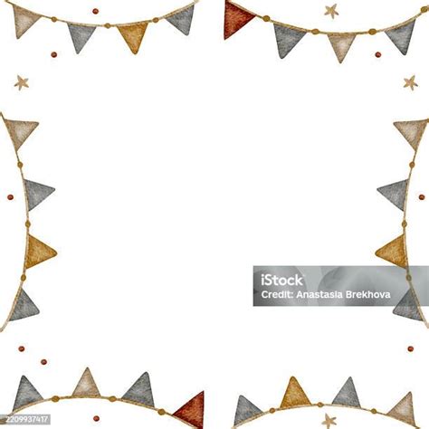 프레임 수채화 그림 빈티지 화환 삼각형 깃발 별 어린이 초대장 카드 포스터 템플릿 축하 휴일 아기의 생일 디자인을위한 복고풍 색상의 점 0명에 대한 스톡 벡터 아트 및 기타