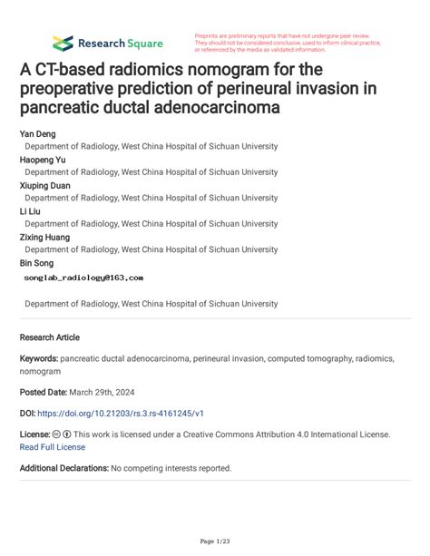Pdf A Ct Based Radiomics Nomogram For The Preoperative Prediction Of Perineural Invasion In
