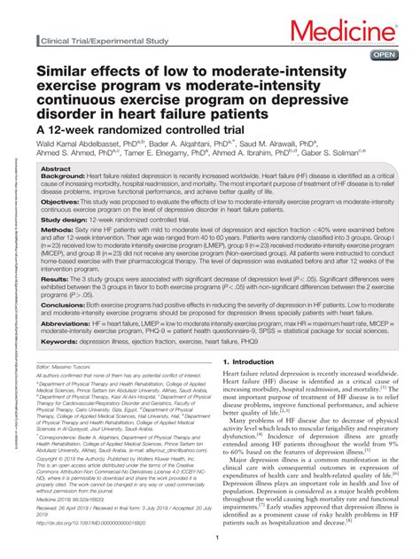 Pdf Similar Effects Of Low To Moderate Intensity Exercise Program Vs