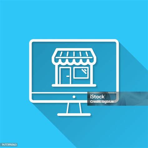 데스크톱 컴퓨터로 온라인 쇼핑 파란색 배경에 아이콘 긴 그림자가 있는 평면 디자인 3차원 형태에 대한 스톡 벡터 아트 및 기타 이미지 3차원 형태 개념 건축물