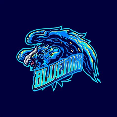 진한 파란색 배경에 격리된 스포츠 및 게임 팀을 위한 블루 피닉스 마스코트 로고 템플릿 프리미엄 벡터