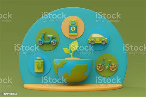 전기 자동차에 의해 주위에 묘목과 세계 지구와 전기 자동차 충전을위한 전원 공급 장치 세계 환경의 날 전기의 대체 소스 청정 에너지 3d 렌더링 배터리 충전기에 대한 스톡