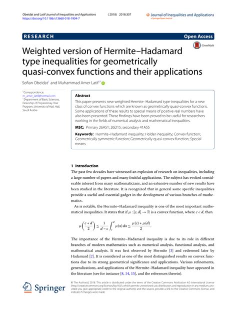 Pdf Weighted Version Of Hermitehadamard Type Inequalities For Geometrically Quasi Convex