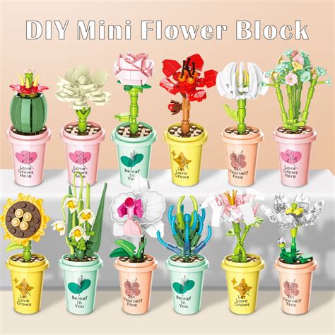 Jual Blok Susun Pot Bunga Buket Simulasi DIY Partikel Mini Mainan Edukasi Anak Flower Nano Block