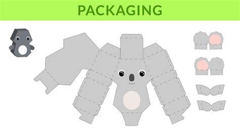 파티 호의 다이 컷 코알라 상자 생일 과자 사탕 작은 선물 빵집을위한 베이비 샤워 소매 상자 청사진 템플릿 디자인 인쇄 컷아웃 접기 접착제 벡터 스톡 일러스트레이션입니다 0