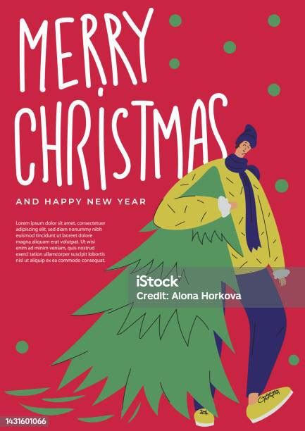메리 크리스마스 포스터 템플릿 한 남자와 함께하는 일러스트레이션은 크리스마스 트리를 집으로 가져갑니다 나무를 당기는 녀석 12월에 대한 스톡 벡터 아트 및 기타 이미지