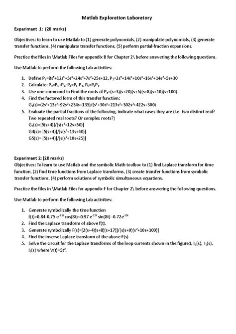 Matlab Exploration Laboratory 2023 24 Matlab Exploration Laboratory Experiment 1 20 Marks