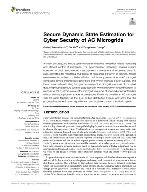 Pdf Secure Dynamic State Estimation For Cyber Security Of Ac Microgrids