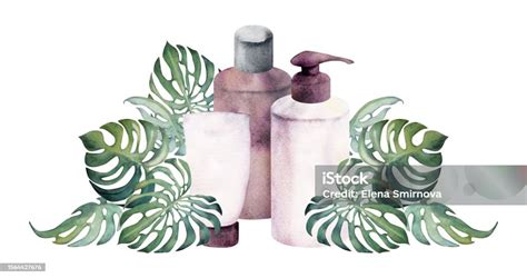 손으로 그린 수채화 스파 스킨케어 목욕 미용 제품 패키지 꽃 가로 구성 흰색 배경에 분리되어 있습니다 벽 예술 웰빙 리조트 인쇄 직물 표지 카드 소책자 디자인 건강한 생활